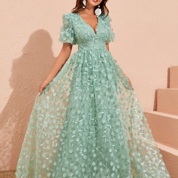 Dresses | Green Preppy Womens Floral Butterfly Appliques Mesh Overlay Maxi Dress | Poshmark
